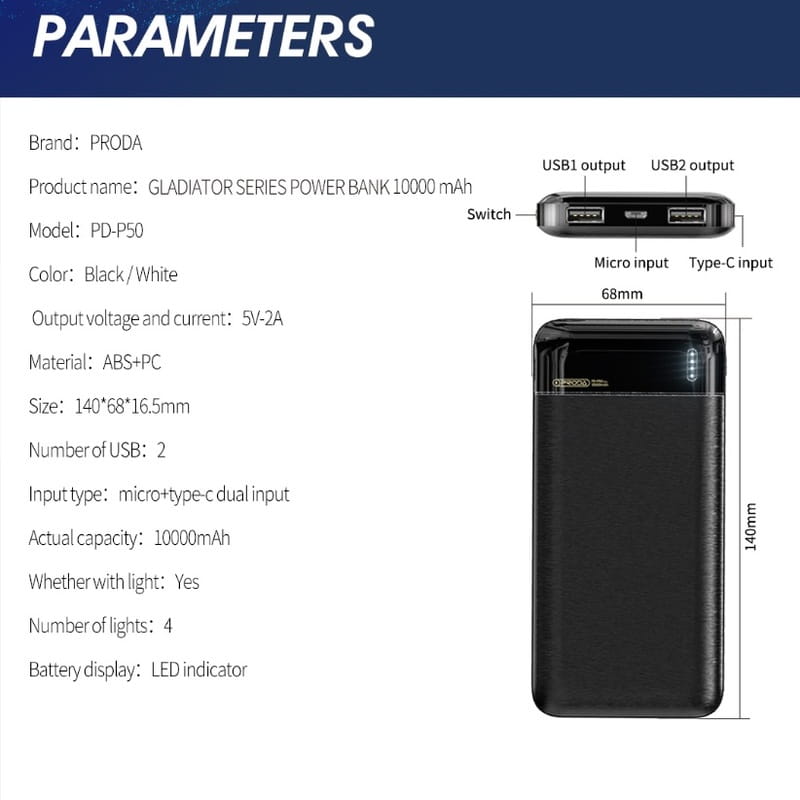 Универсальная мобильная батарея Proda Gladiator PD-P50 10000mAh Black (PRD-PDP50-BK) купить в ...